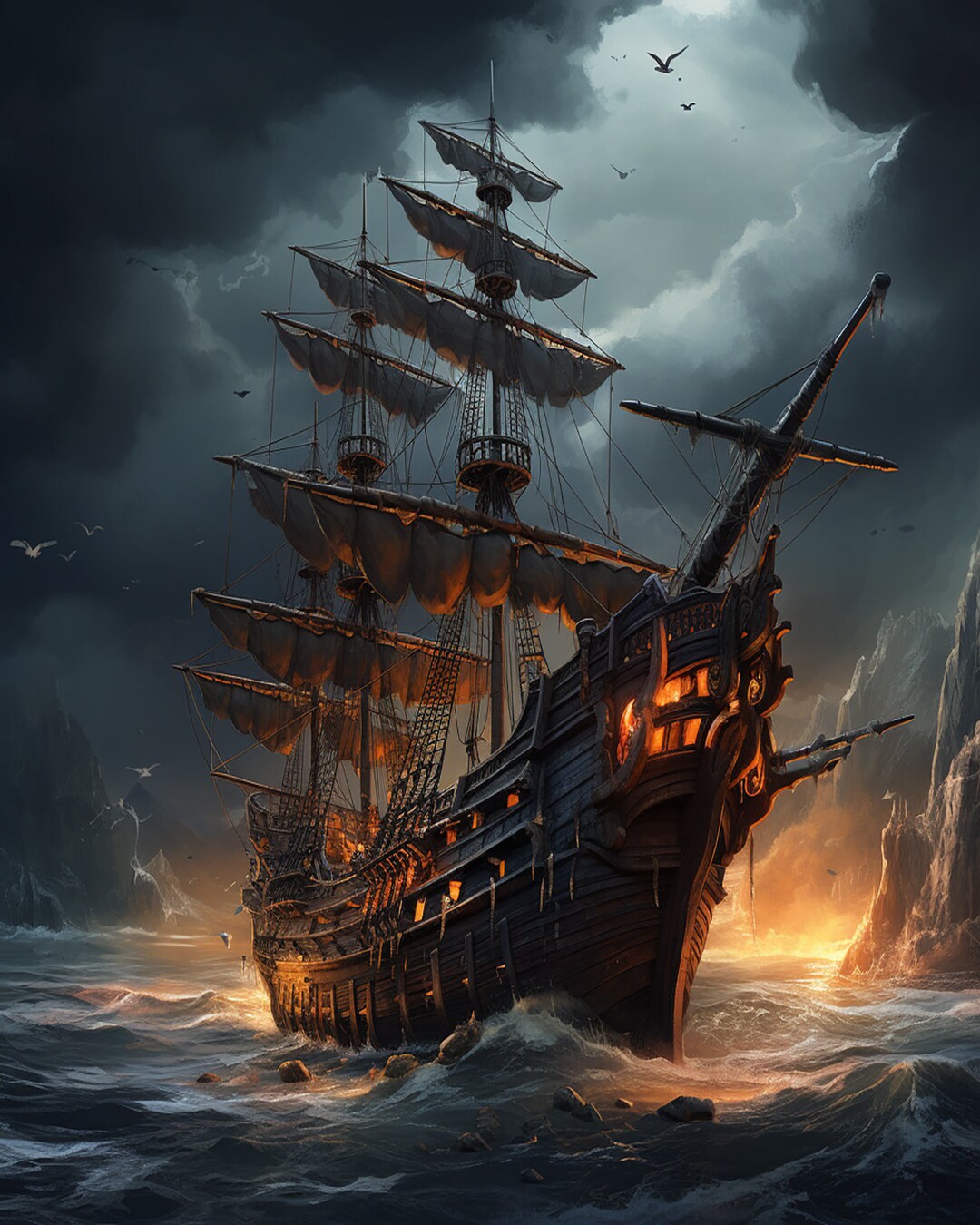 Stormy Ocean Pirate Ghost Ship Boat Art Design Digital Download ...