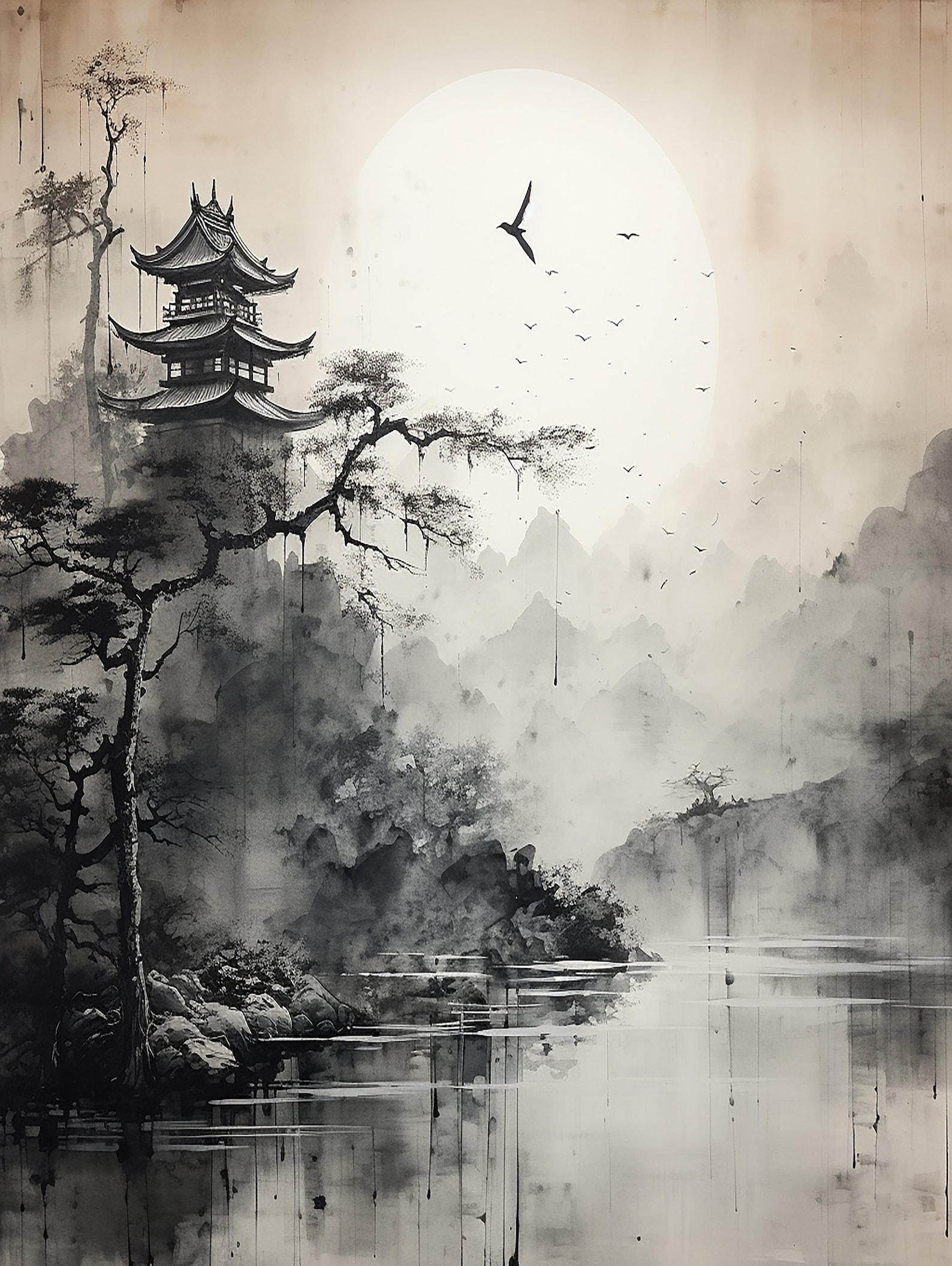 Suibokuga Sumi-e Watercolor Traditional Japanese Chinese Art Tapestry ...