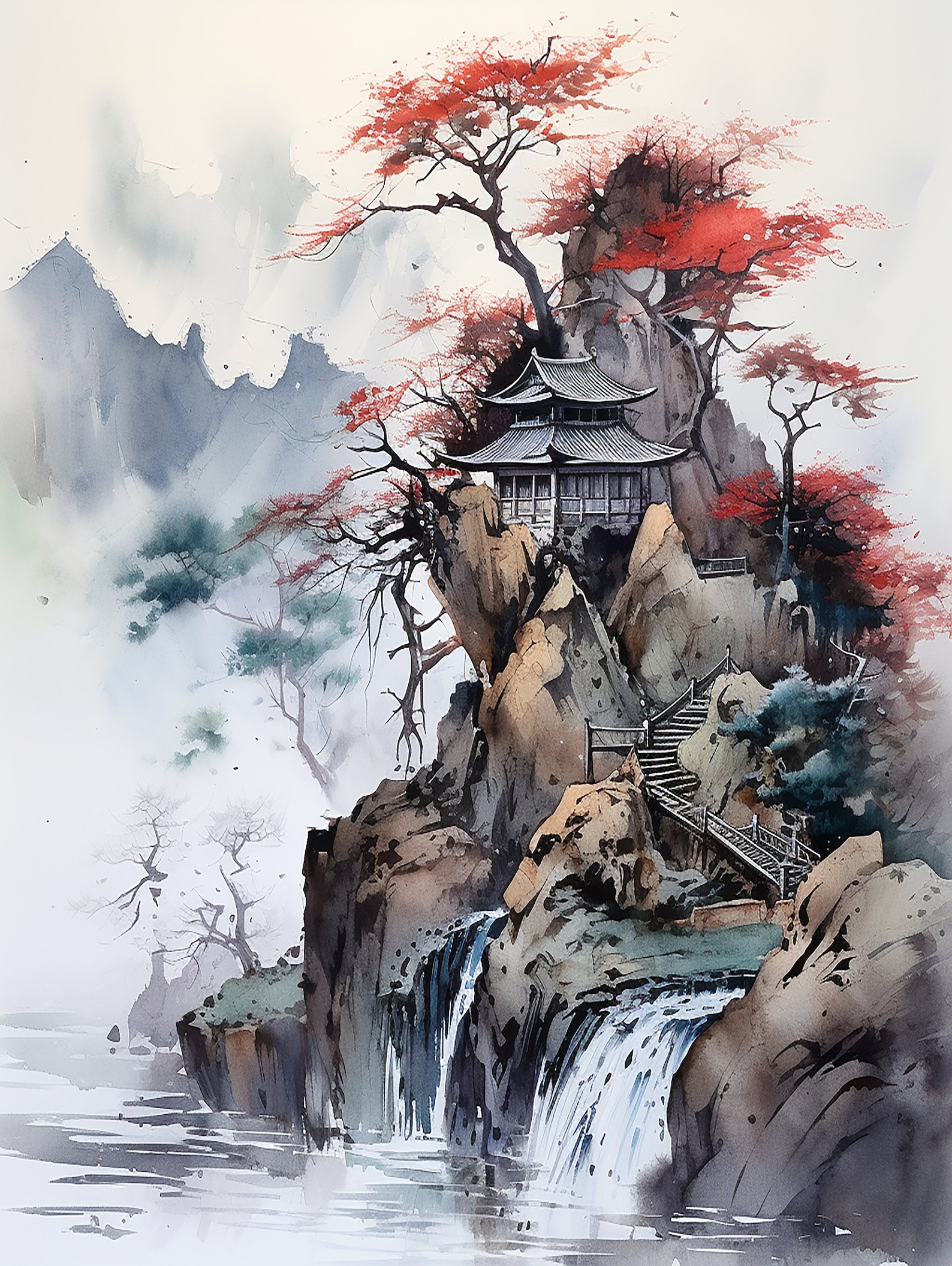 Suibokuga Sumi-e Watercolor Traditional Japanese Chinese Art Tapestry ...