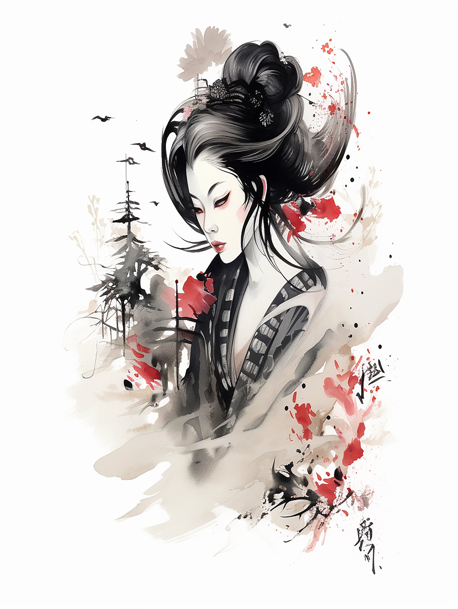 Suibokuga Sumi-e Watercolor Traditional Japanese Chinese Art Tapestry ...