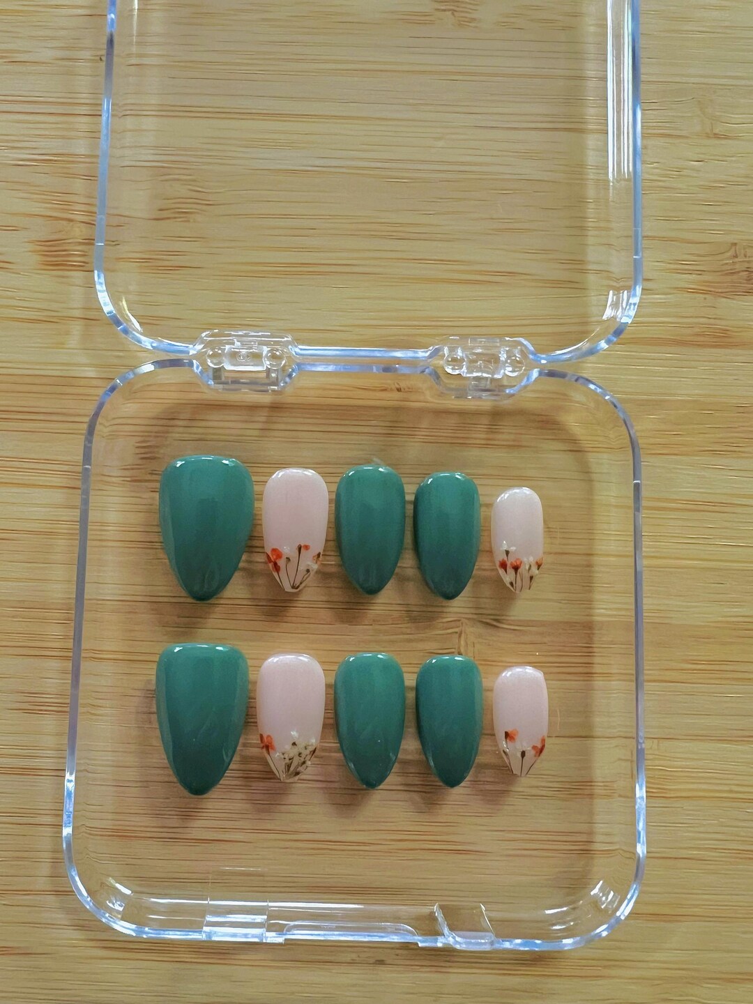 Luxury Press on Nail Set Sage Green Wildflower - Etsy