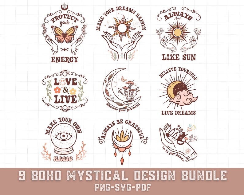 9 Boho Mystical Design Bundle PNG, Motivational Bundle, Retro Pngs ...