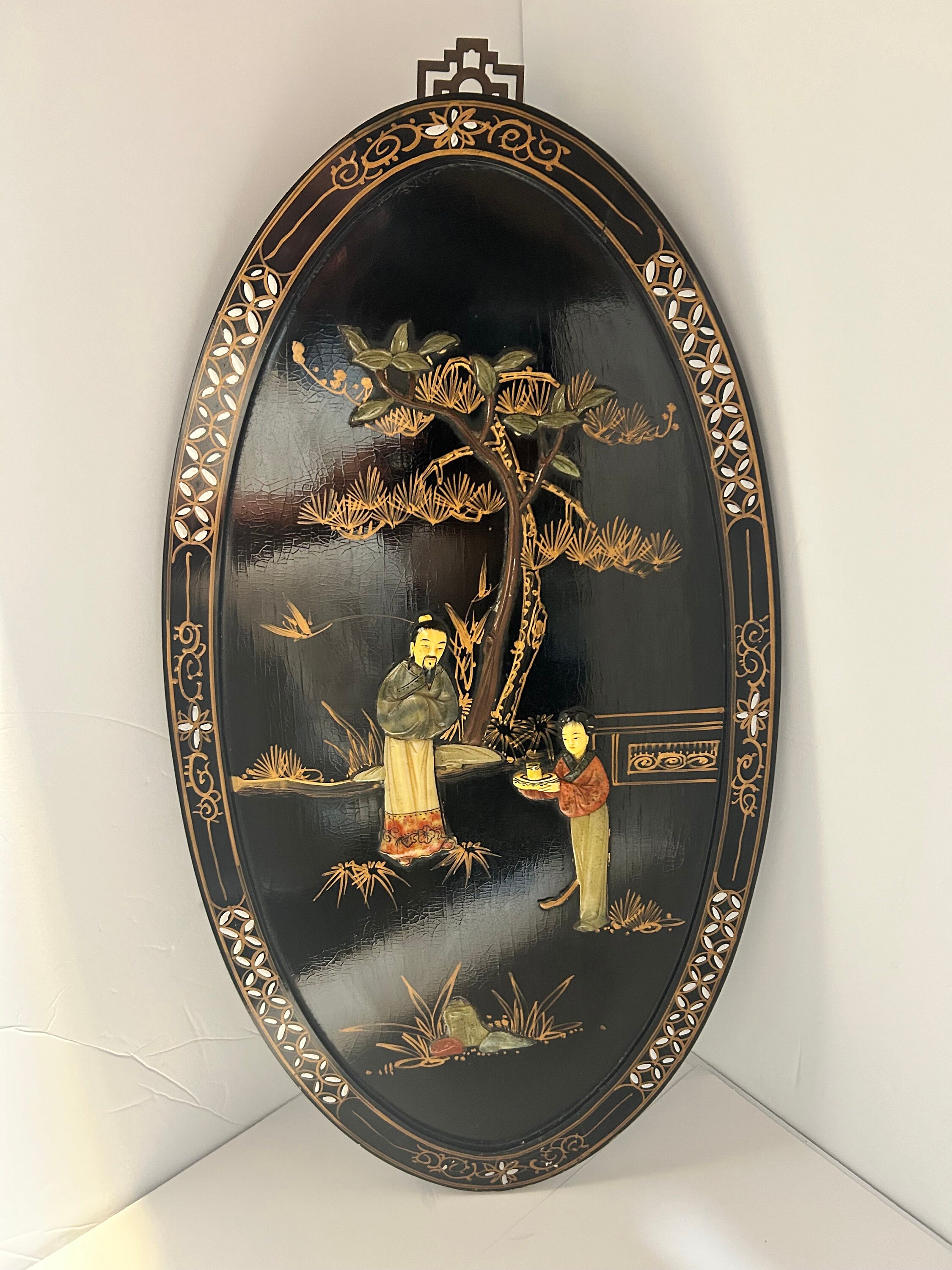 Set of 2 Asian Figural Black Lacquer Plaques - Etsy