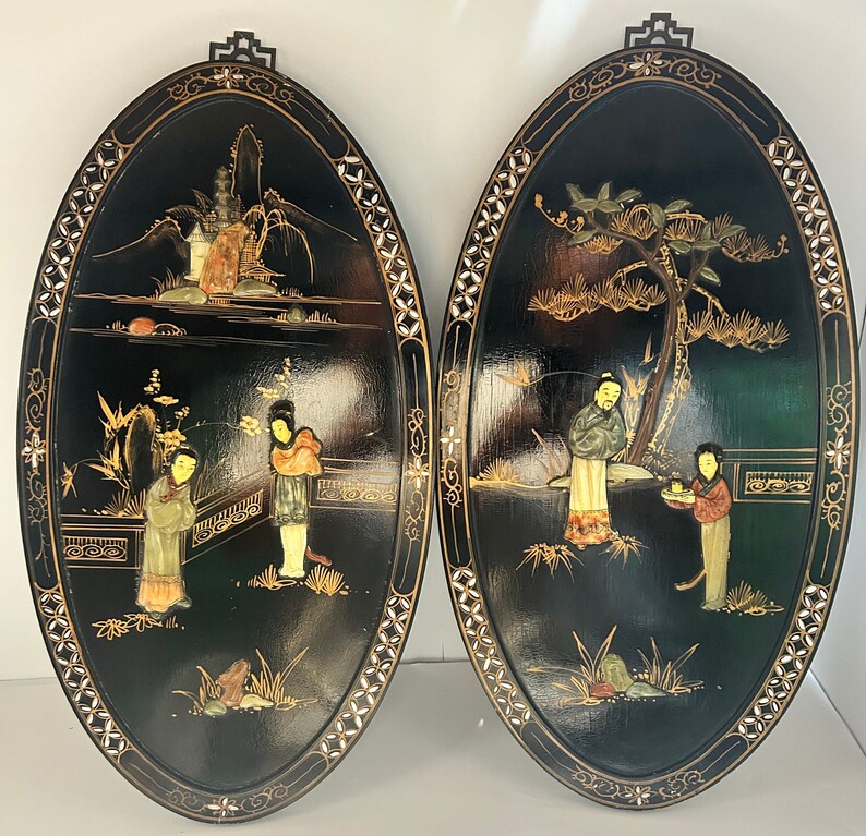 Set of 2 Asian Figural Black Lacquer Plaques - Etsy