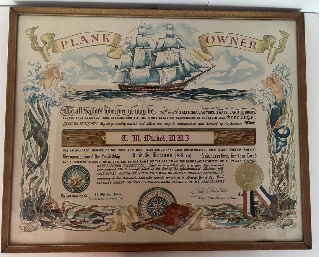 Vintage Plank Owner USS Repose AH-16 Certificate - Etsy