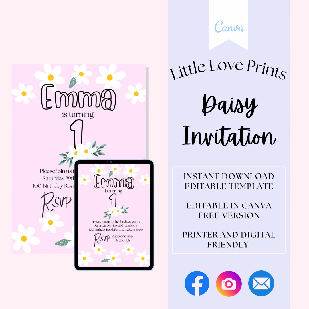 Pink Daisy Flower Printable Invitation Template. Evite for - Etsy