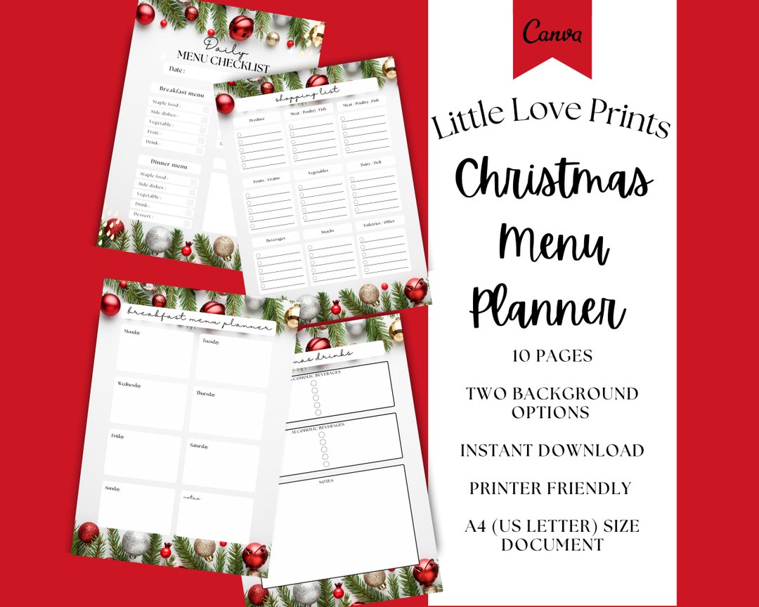 Christmas Menu Planner, Printable Two Background Options. Breakfast ...