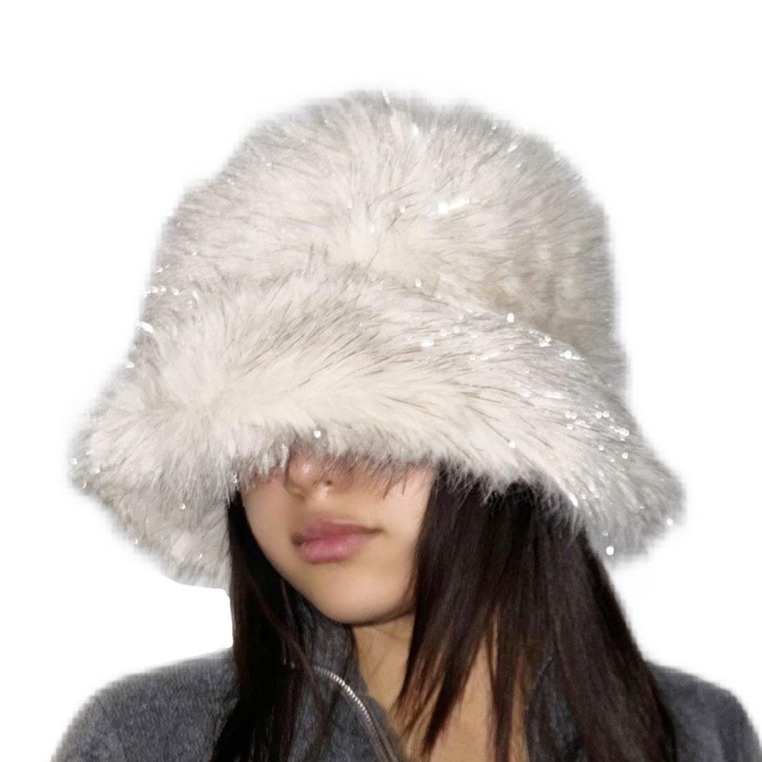 Big Soft Fluffy Faux Fur Bucket Hat With Shiny Silver Fleck Women's ...