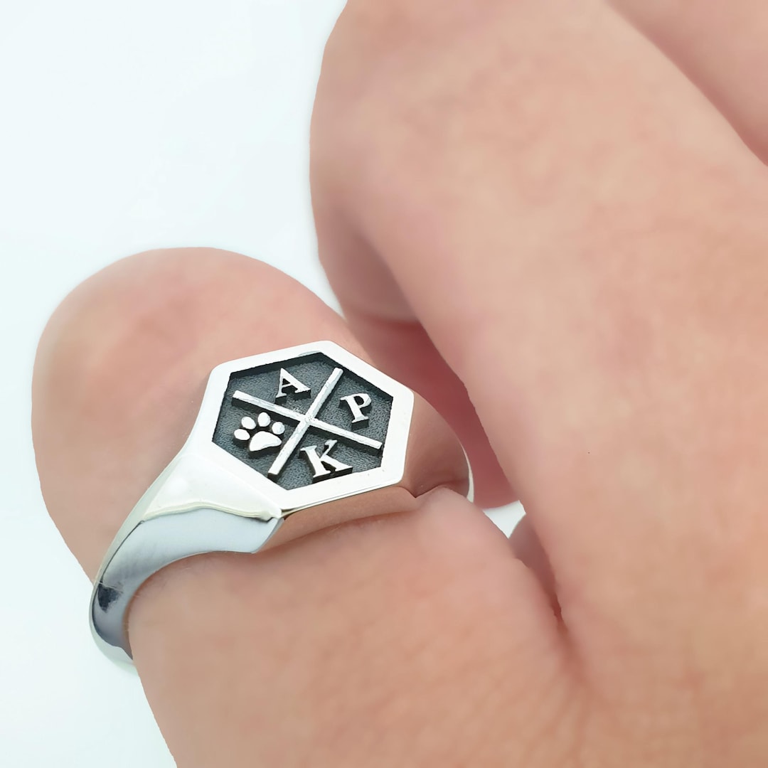 Personalized Solid Gold Hexagon Signet Ring, Initials & Pet Paw ...