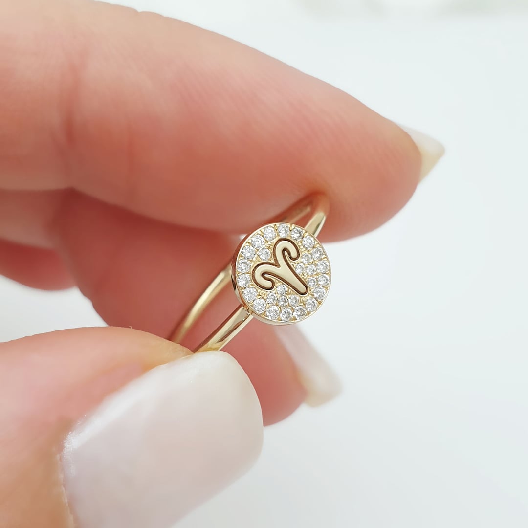 Zodiac Diamonds Disc Ring in Solid Gold, Natural Diamonds Pave Solid ...