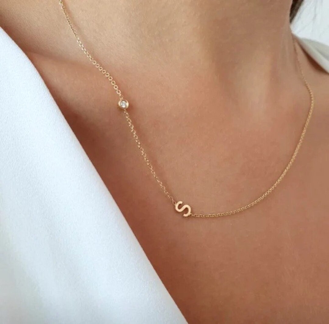 Birthstone Initial Diamond Necklace, 14k Gold Letter Necklace ...