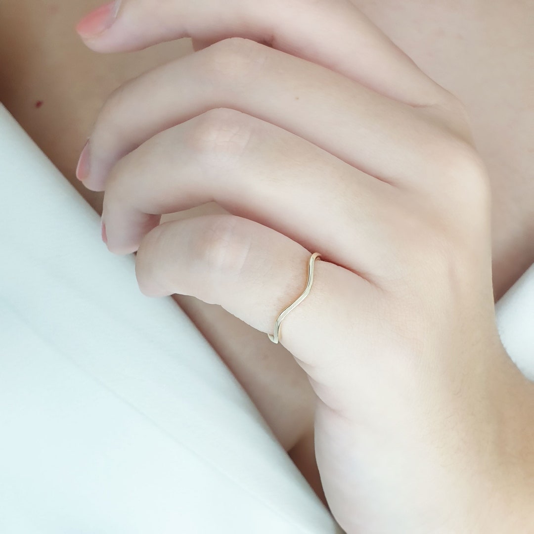 Wave Gold Ring, Minimalist Solid Gold Ring, Wave Curved Ring, Ocean Wedding Band, Thin Wave Ring ...