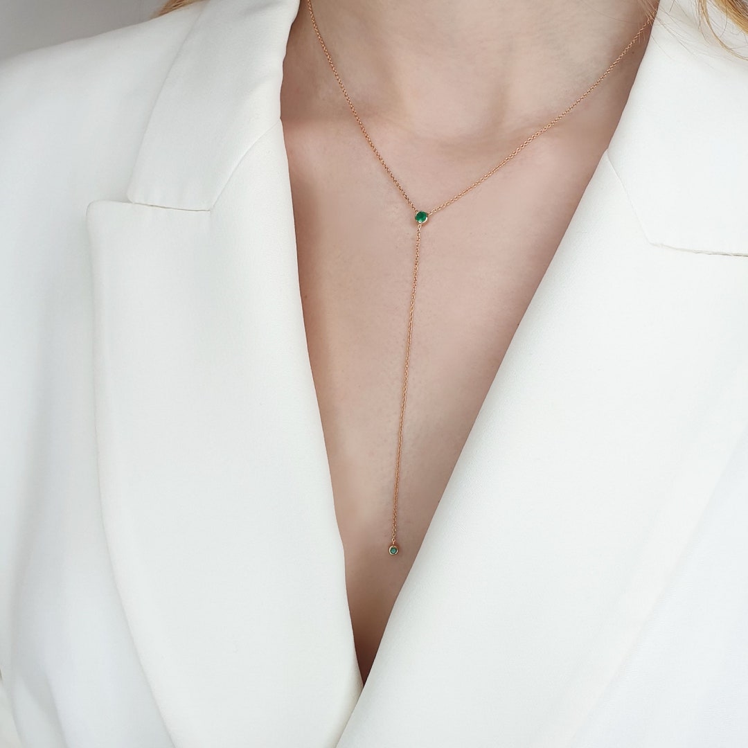 Solid Gold Emerald Lariat Necklace, Delicate Y Drop, Handmade Gold ...
