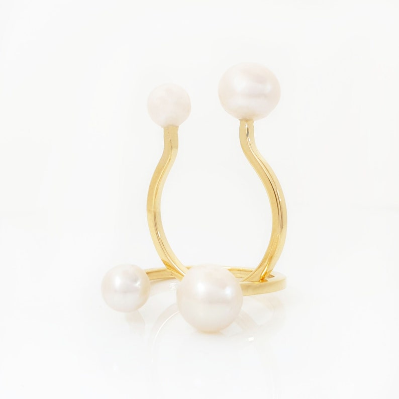 Solid Gold Double Pearl Ring, Open Design Jewelry, Womens Gift - Etsy