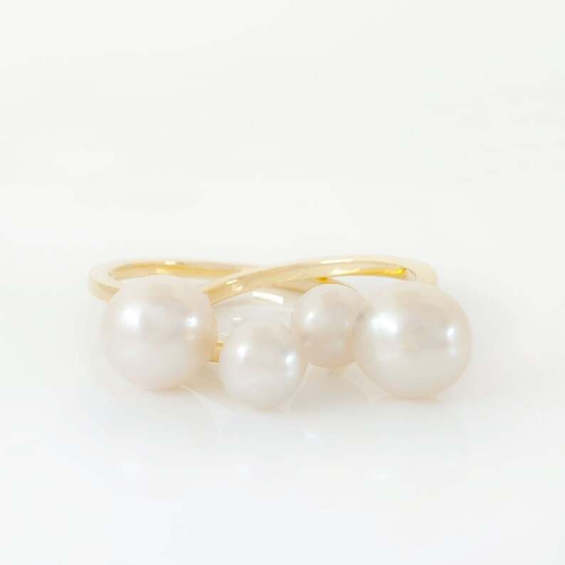 Solid Gold Double Pearl Ring, Open Design Jewelry, Womens Gift - Etsy