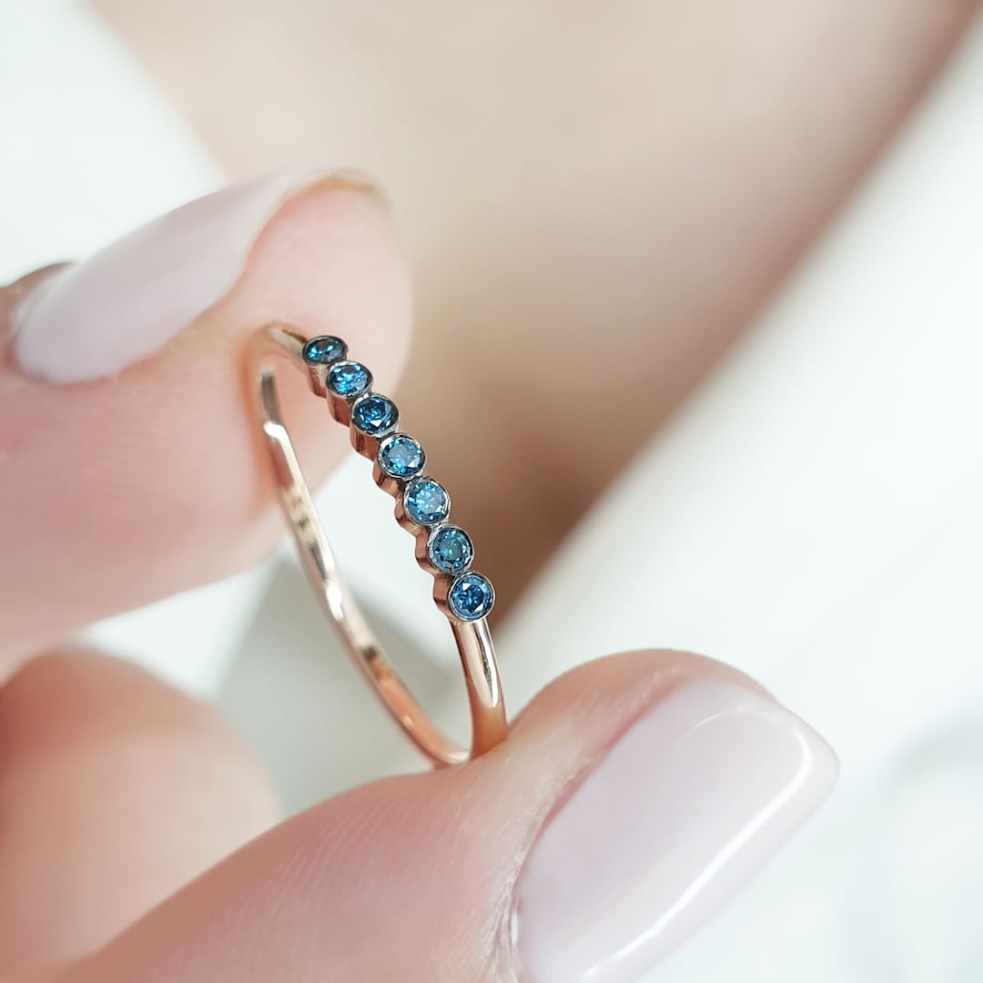 7 Blue Diamond Band, Micro Bezel Diamond Wedding Band, Blue Diamond ...