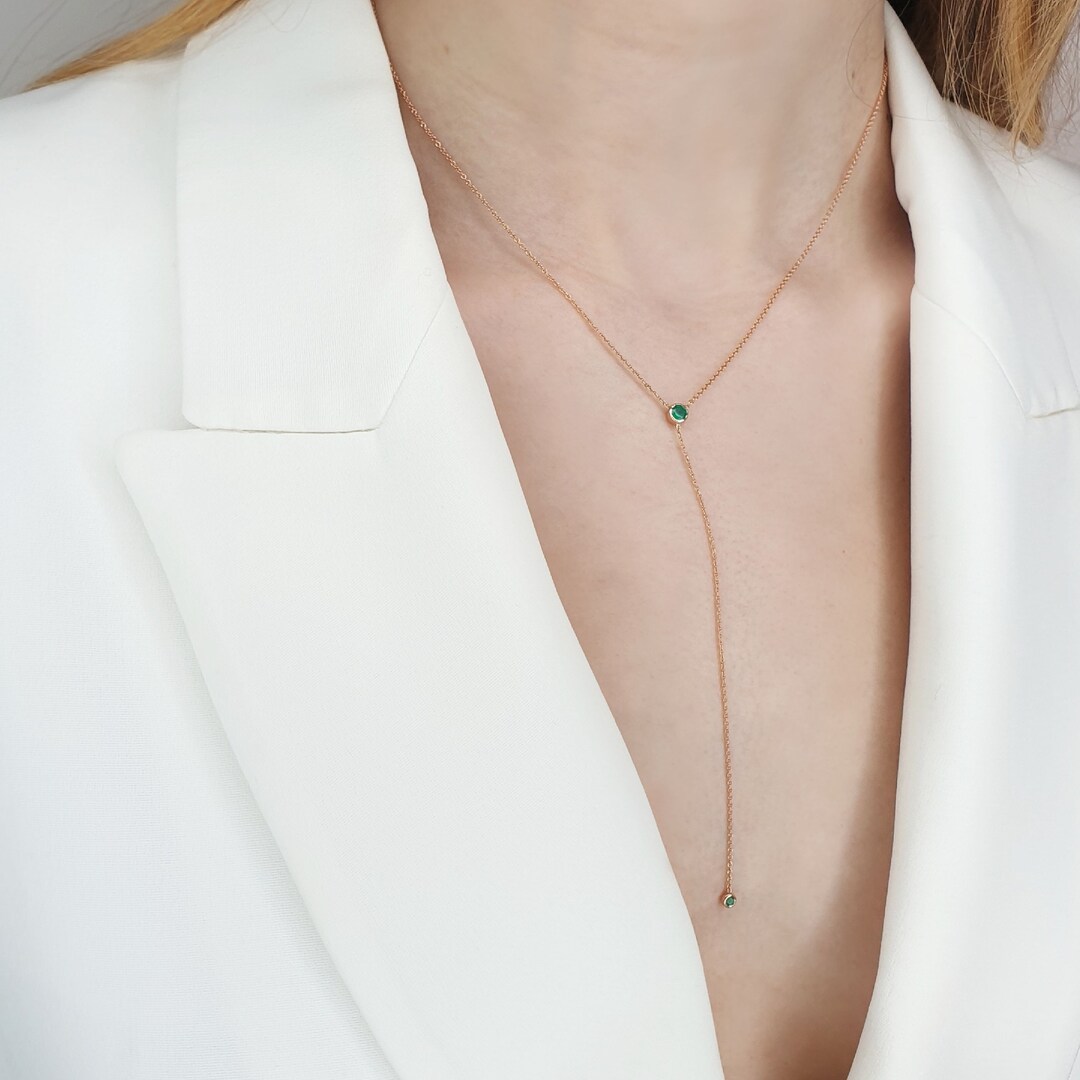 Emerald Lariat Necklace, Natural Emerald Solitaire Necklace, Delicate Y ...
