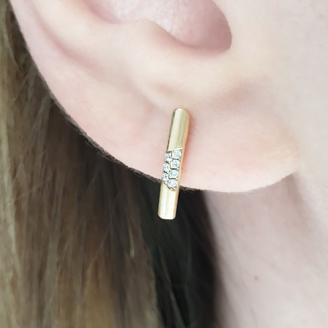 Diamond Bar Stud Earrings in 14k Solid Gold, Dainty Minimal Earring ...