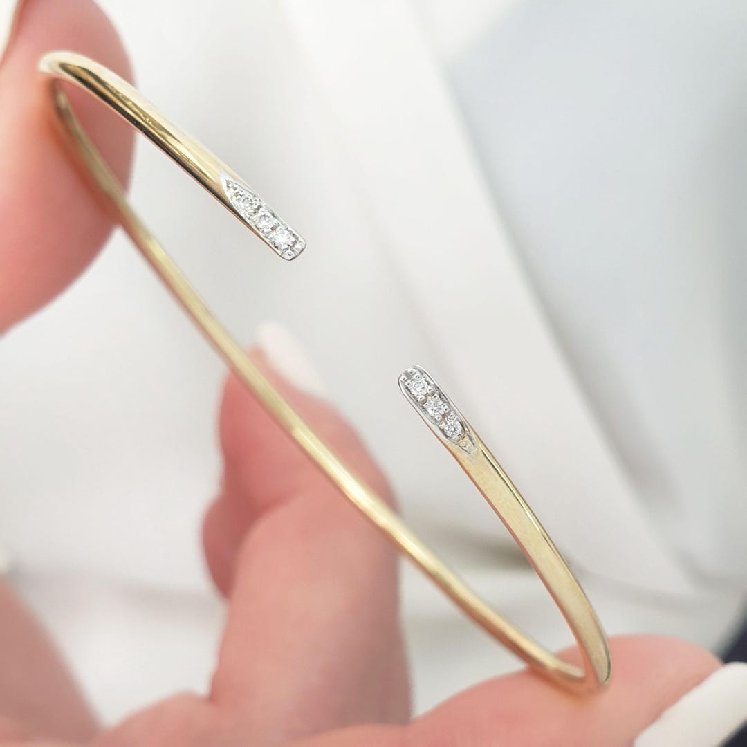 Gold Open Bangle Bracelet, Diamond Accent, Handmade Jewelry, Timeless ...