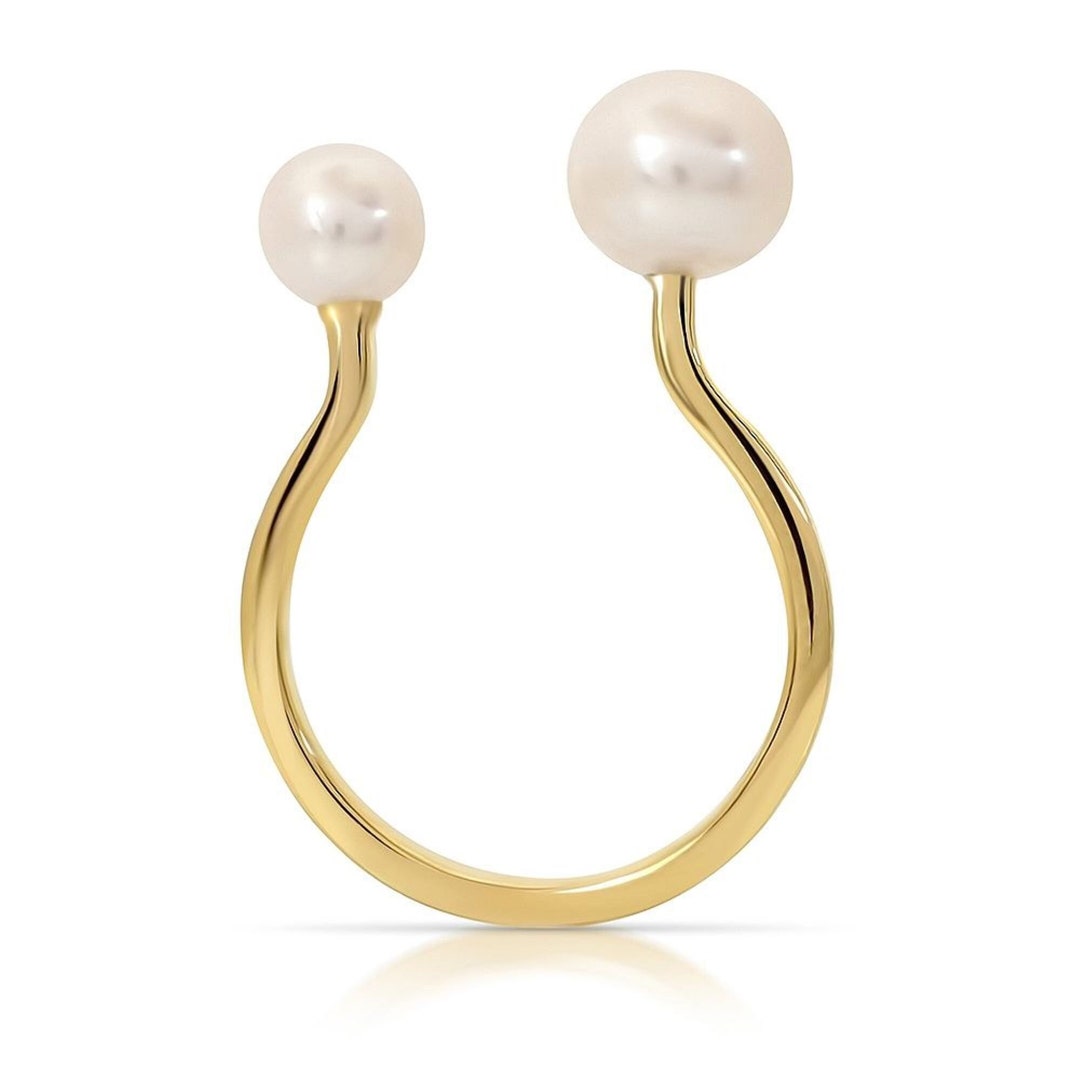 Double Open Pearl Ring, Solid Gold Pearl Ring, White Pearls Ring ...