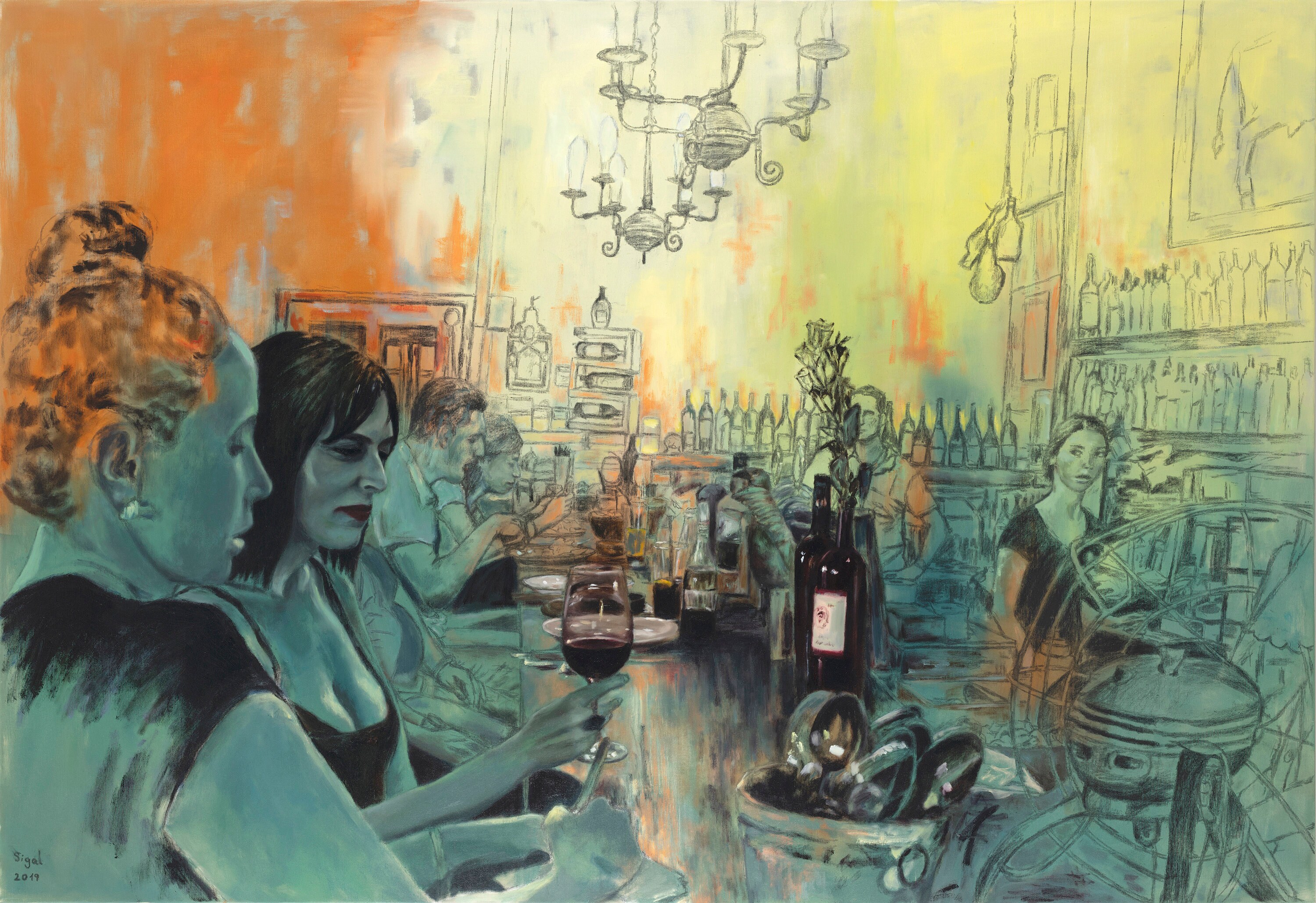 Original Signed Oil and Charcoal Painting on Canvas of People in a Pub ...