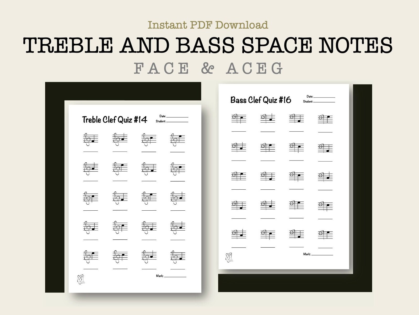 Treble and Bass Clef Music Note Reading Identification Quiz Worksheet ...