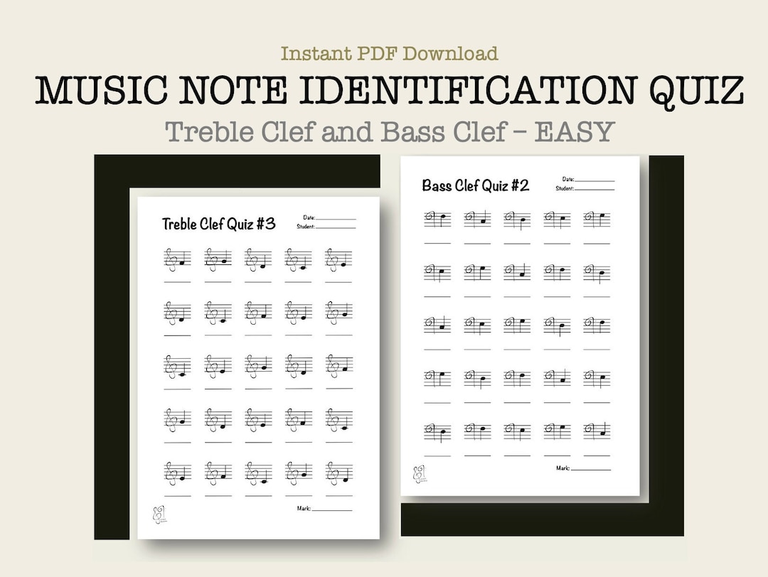Treble and Bass Clef Music Note Reading Identification Quiz Worksheet ...