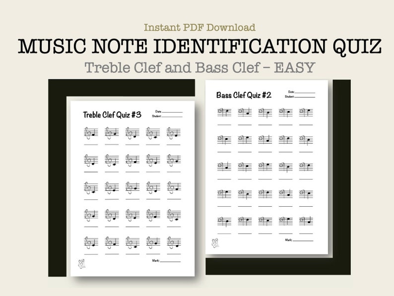 Treble and Bass Clef Music Note Reading Identification Quiz Worksheet ...