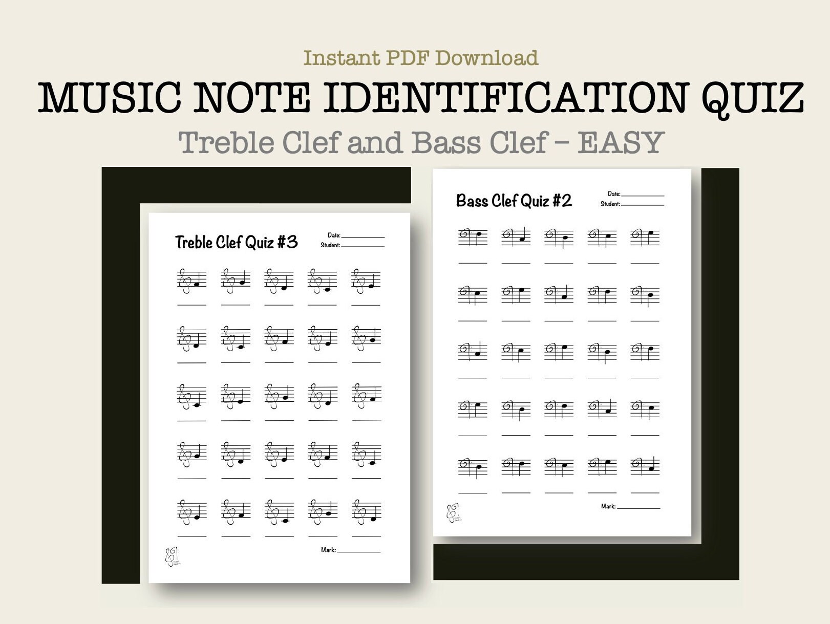 Treble and Bass Clef Music Note Reading Identification Quiz Worksheet ...