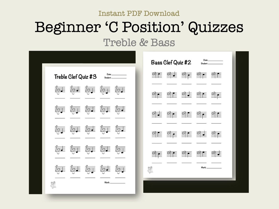 Treble and Bass Clef Music Note Reading Identification Quiz Worksheet ...