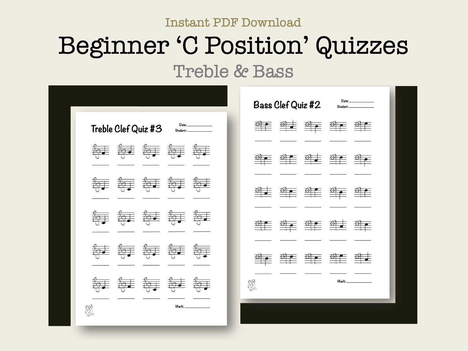 Treble and Bass Clef Music Note Reading Identification Quiz Worksheet ...
