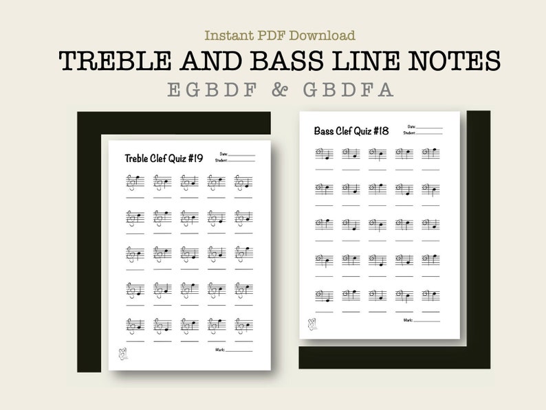 Treble and Bass Clef Music Note Reading Identification Quiz Worksheet ...