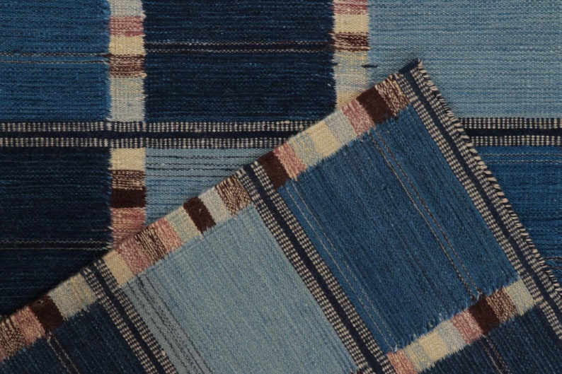 Vintage Swedish Rug Mid-century Modern Design Wool Blend 4x6ft Blue and ...