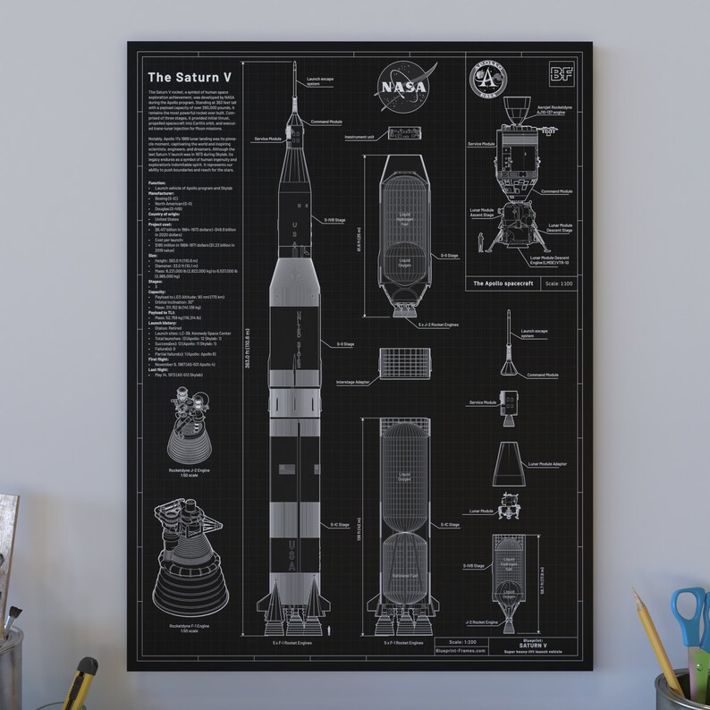 Saturn V Poster Blueprint Moon Rocket High Quality Printed Original ...