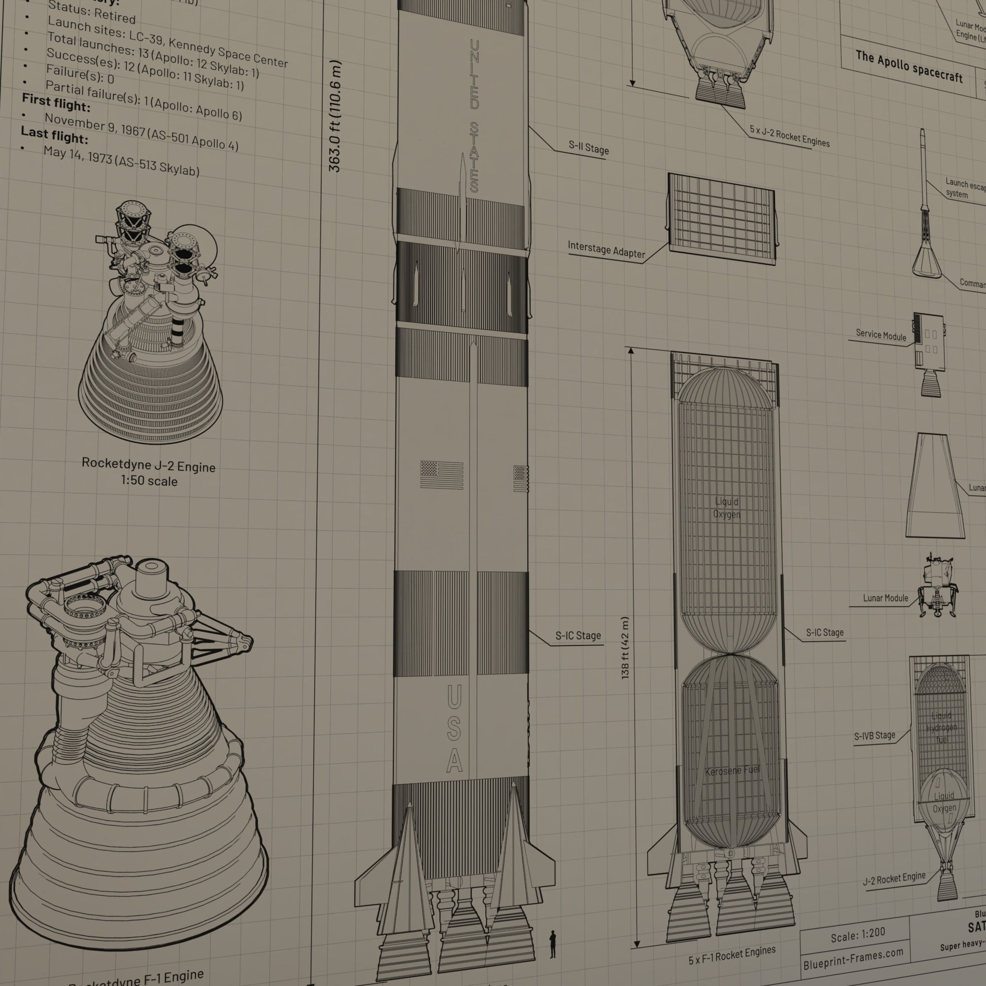 Saturn V Poster Blueprint Moon Rocket High Quality Printed Original ...