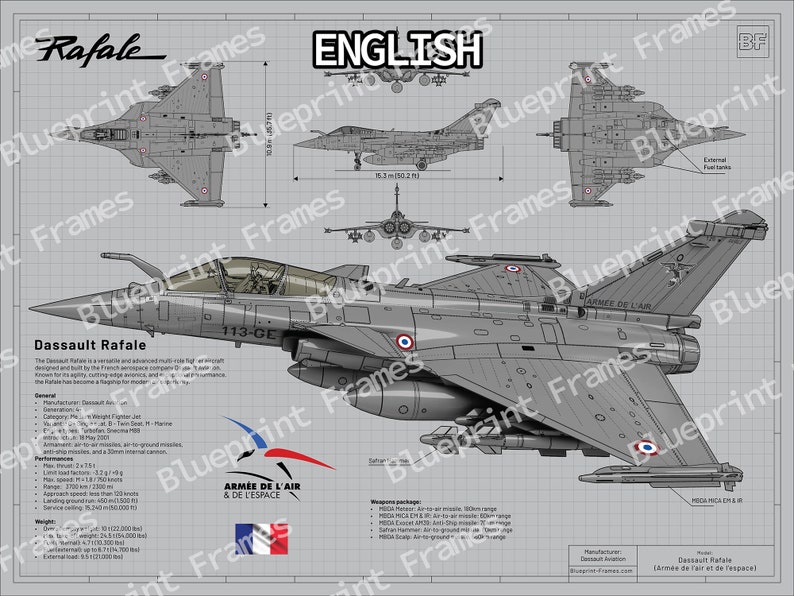 Dassault Rafale POSTER Blueprint French Air Force, Armée De L'air Et De ...