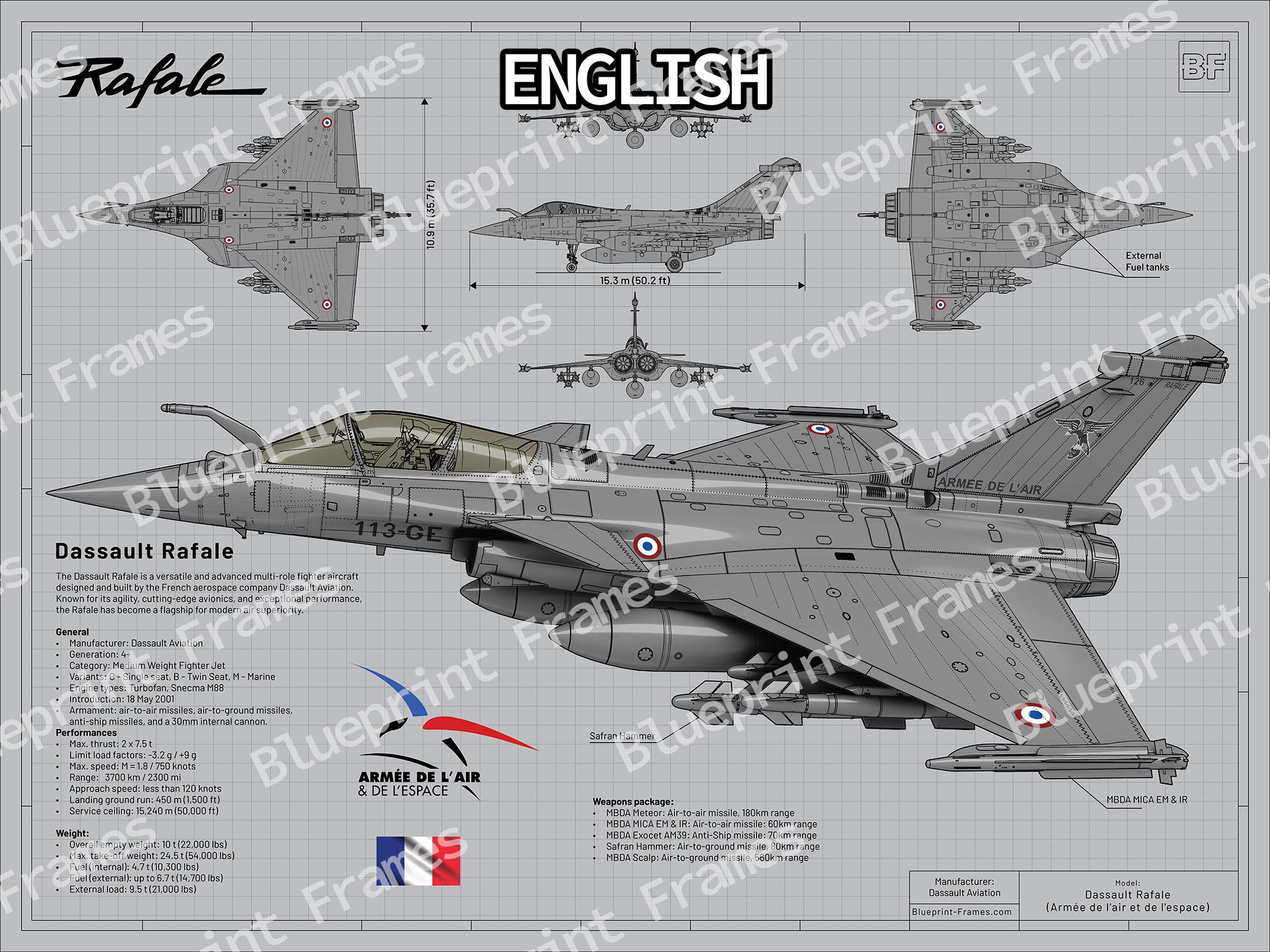 Dassault Rafale POSTER Blueprint French Air Force, Armée De L'air Et De ...