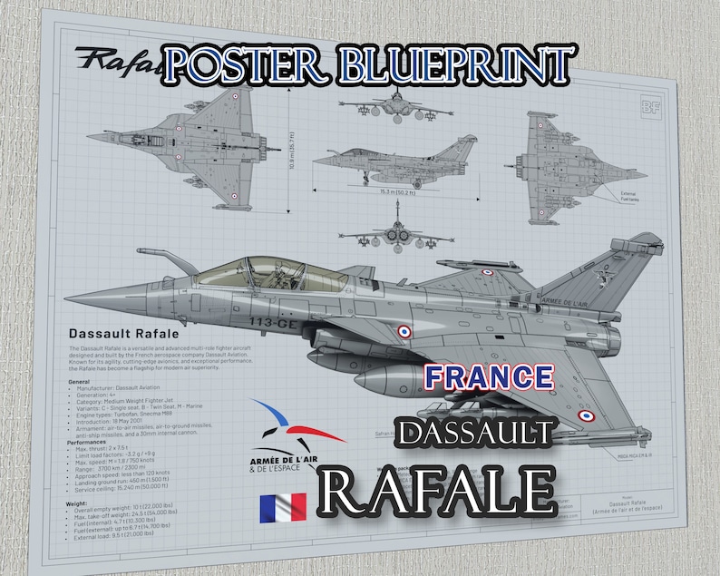 Dassault Rafale POSTER Blueprint French Air Force, Armée De L'air Et De ...