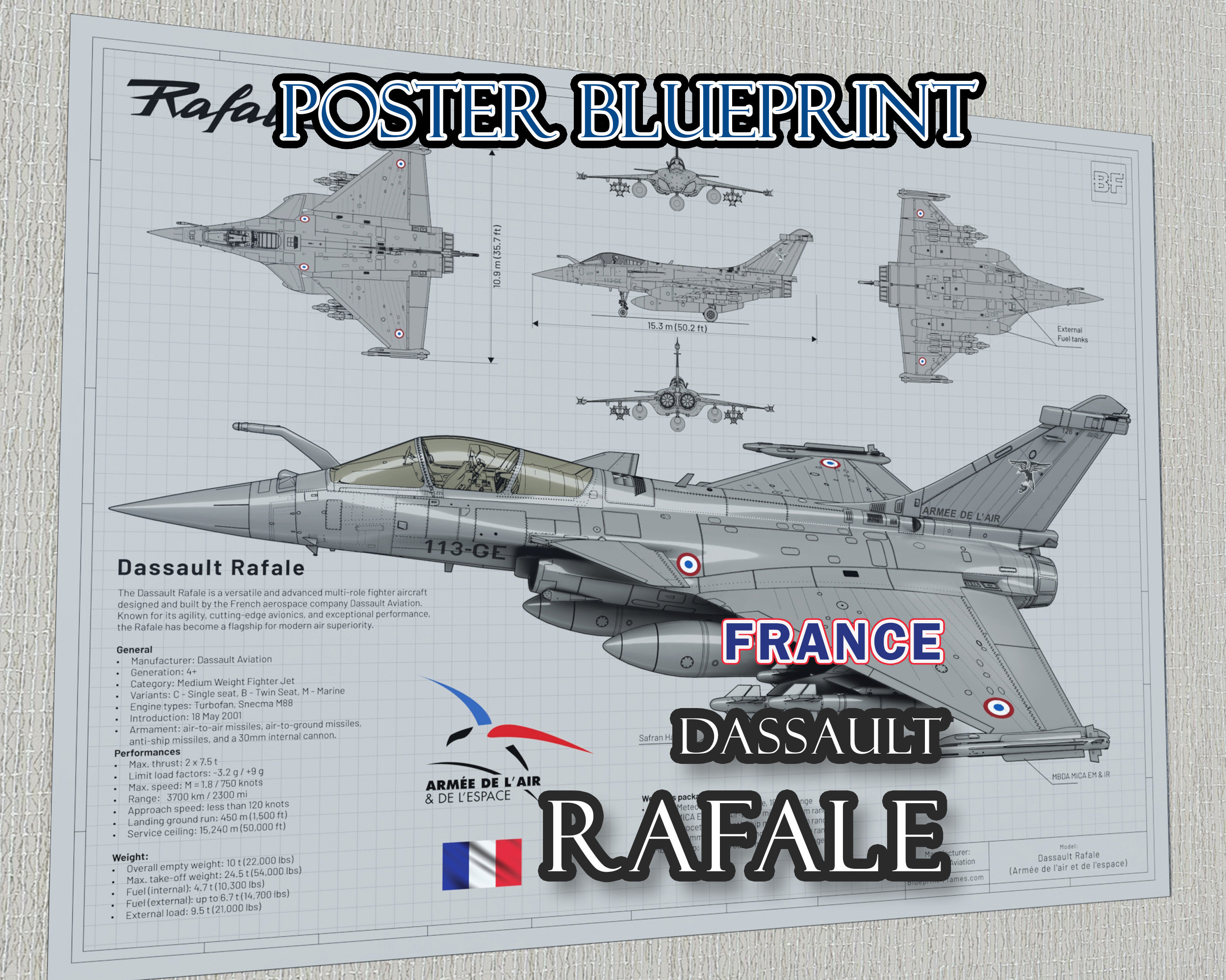 Dassault Rafale POSTER Blueprint French Air Force, Armée De L'air Et De ...
