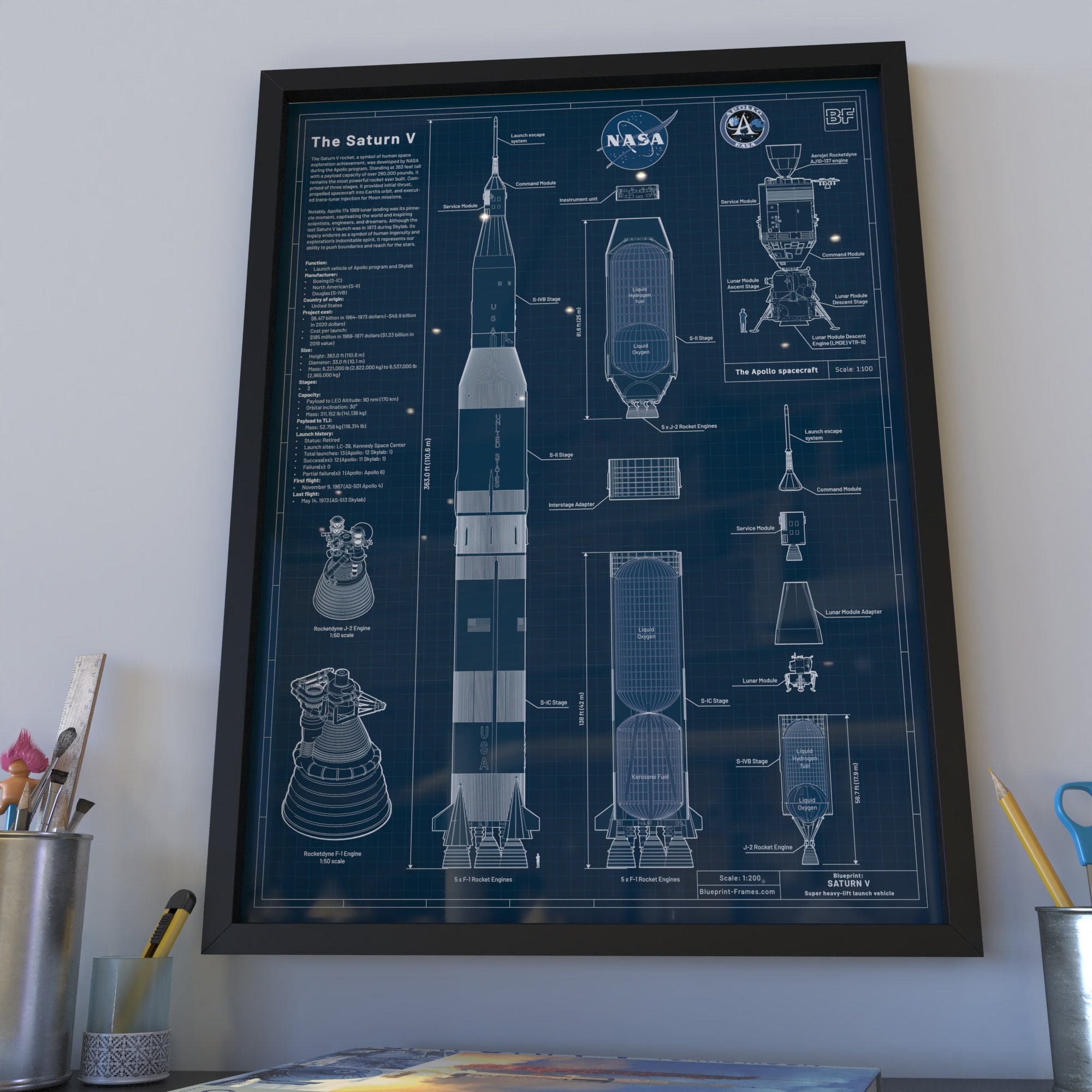 Saturn V NASA Framed BLUEPRINT USA Nasa Moon Rocket Saturn V High Quality Printed Original ...
