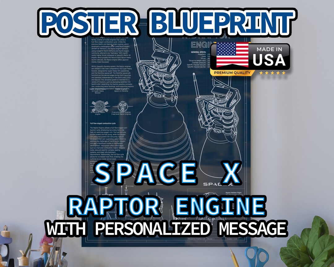 Poster RAPTOR ENGINE Spacex Blueprint - Rocket Engine Raptor Detailed ...