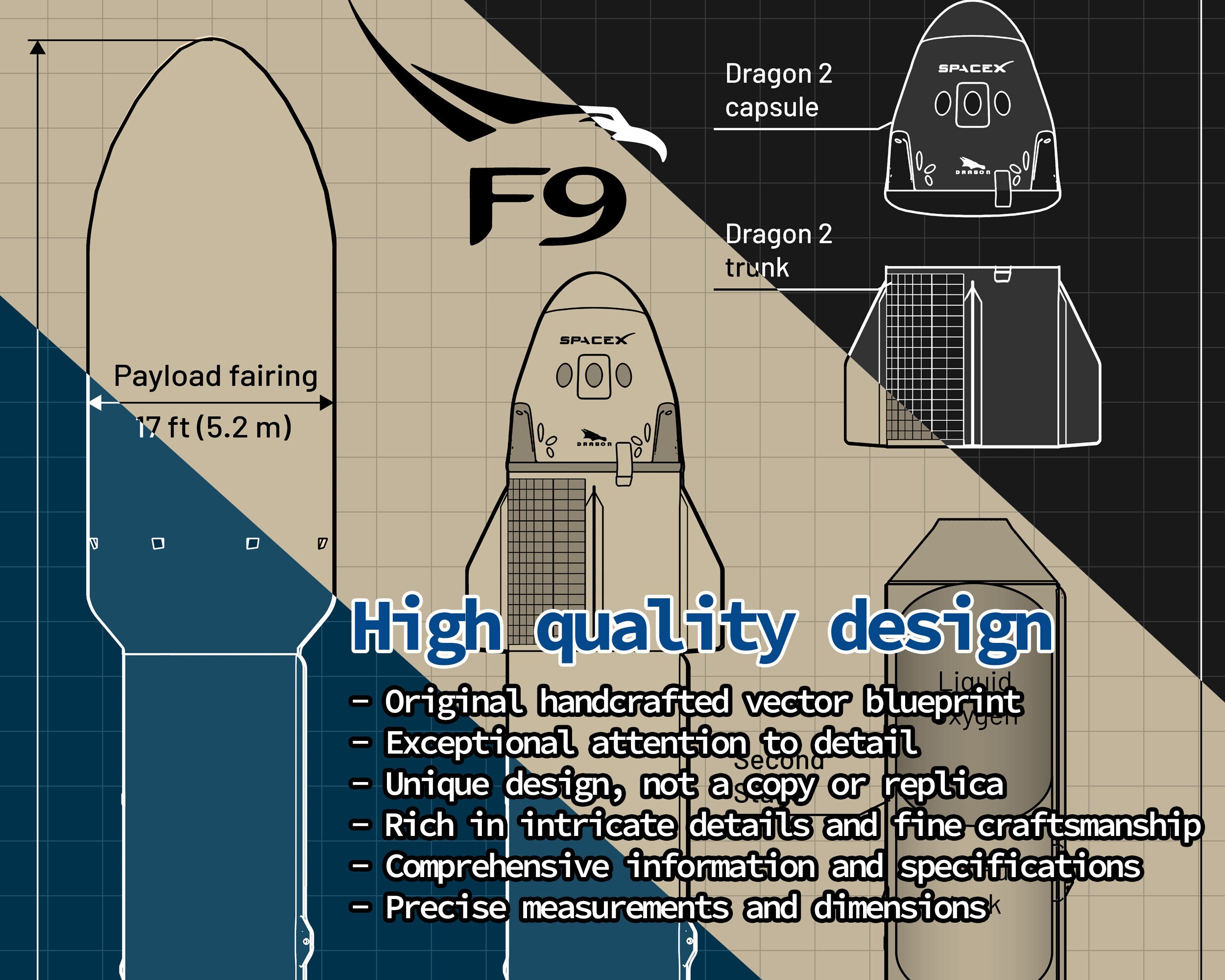 Spacex FALCON 9 POSTER Blueprint Detailed Wall Art Printed Poster With ...