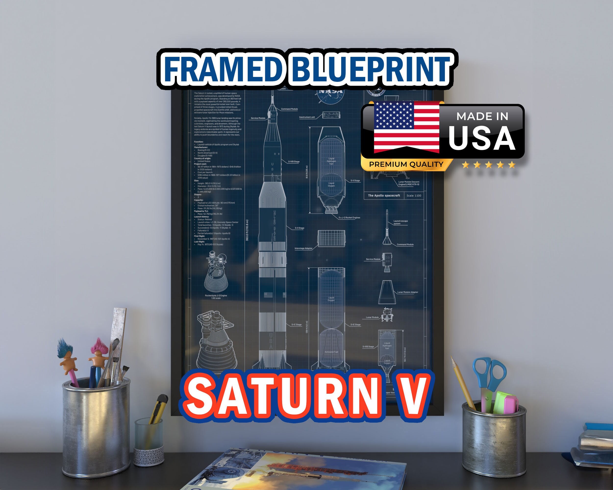 Saturn V NASA Framed BLUEPRINT USA Nasa Moon Rocket Saturn V High ...