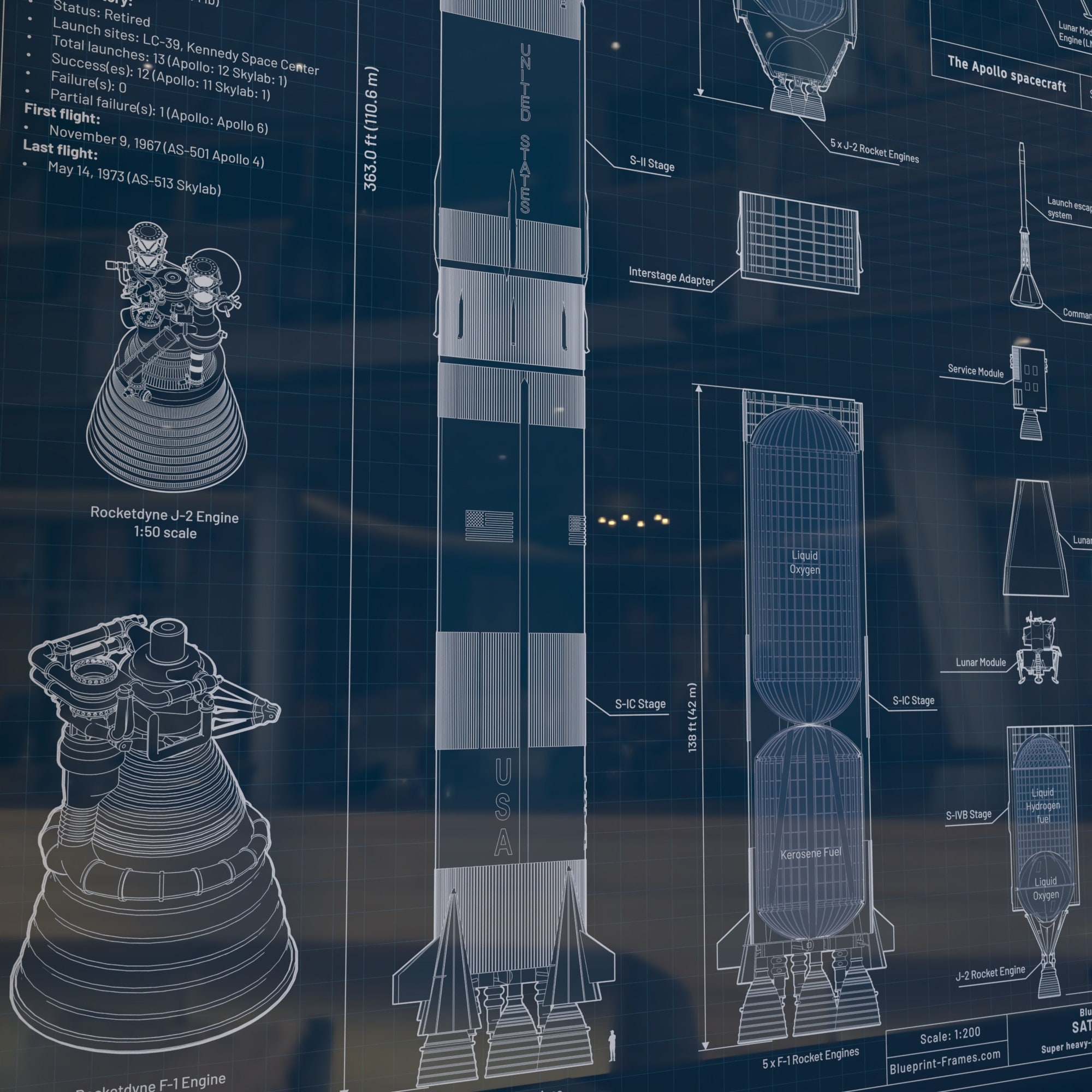 Saturn V NASA Framed BLUEPRINT USA Nasa Moon Rocket Saturn V High ...