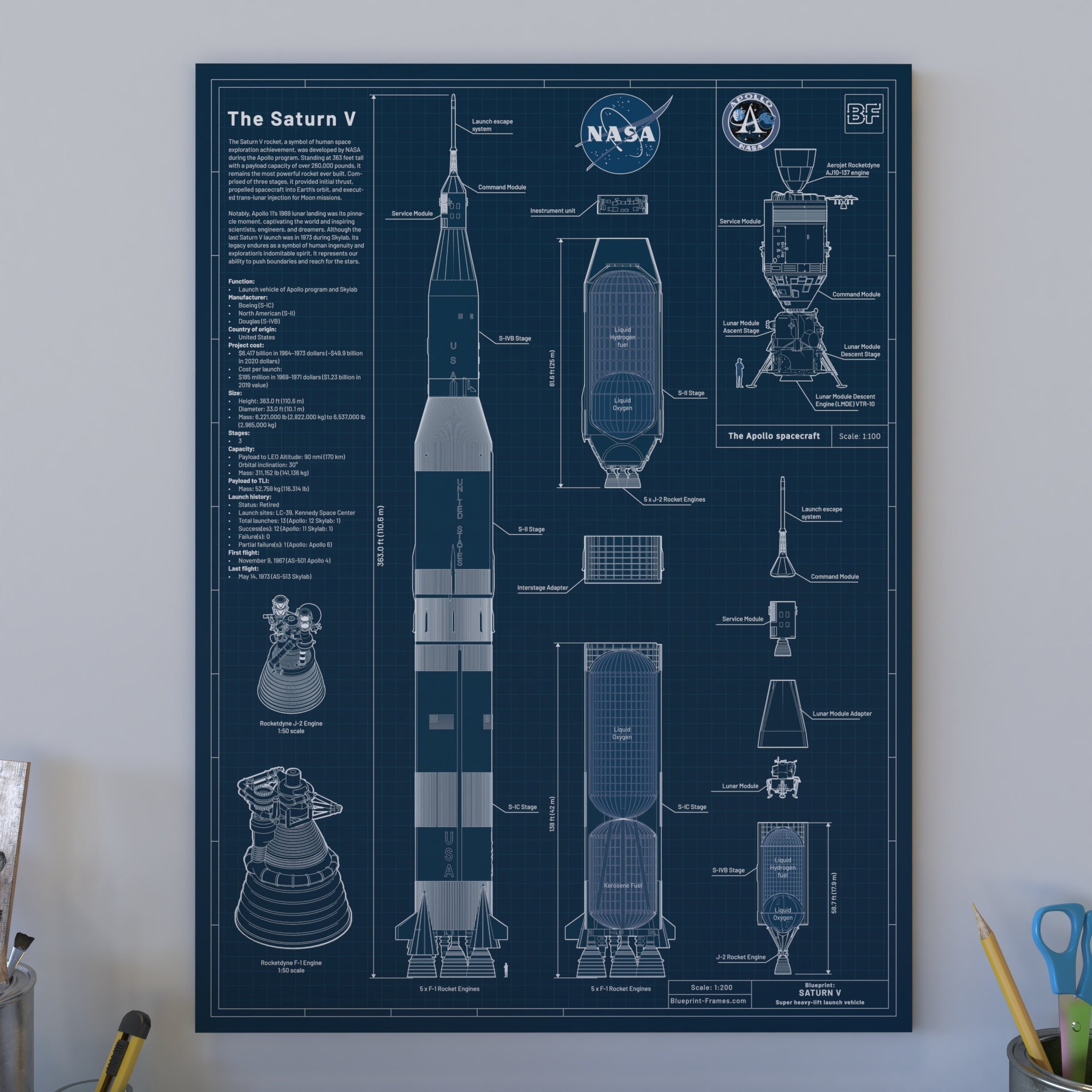 Saturn V Poster Blueprint Moon Rocket High Quality Printed Original ...