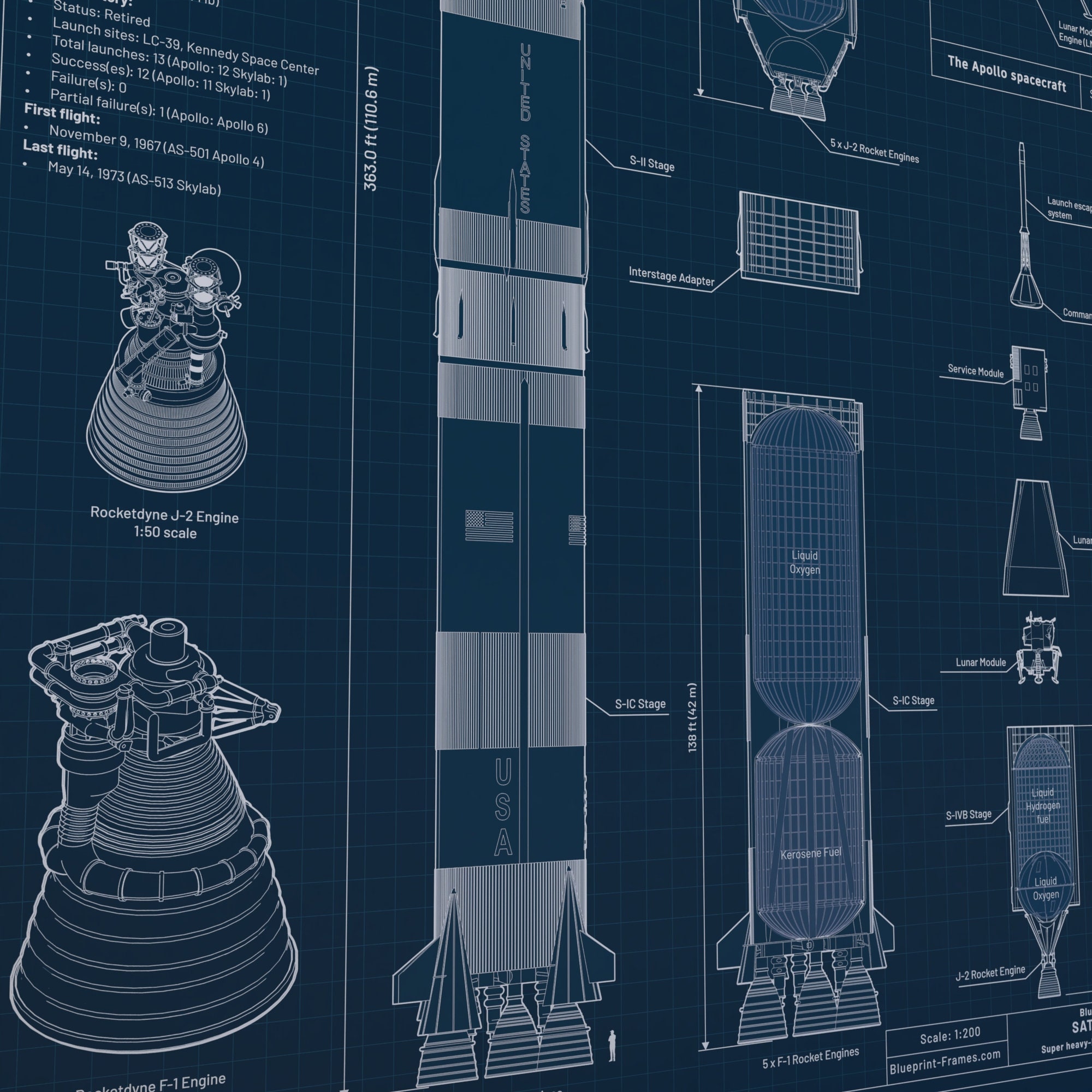 Saturn V Poster Blueprint Moon Rocket High Quality Printed Original ...