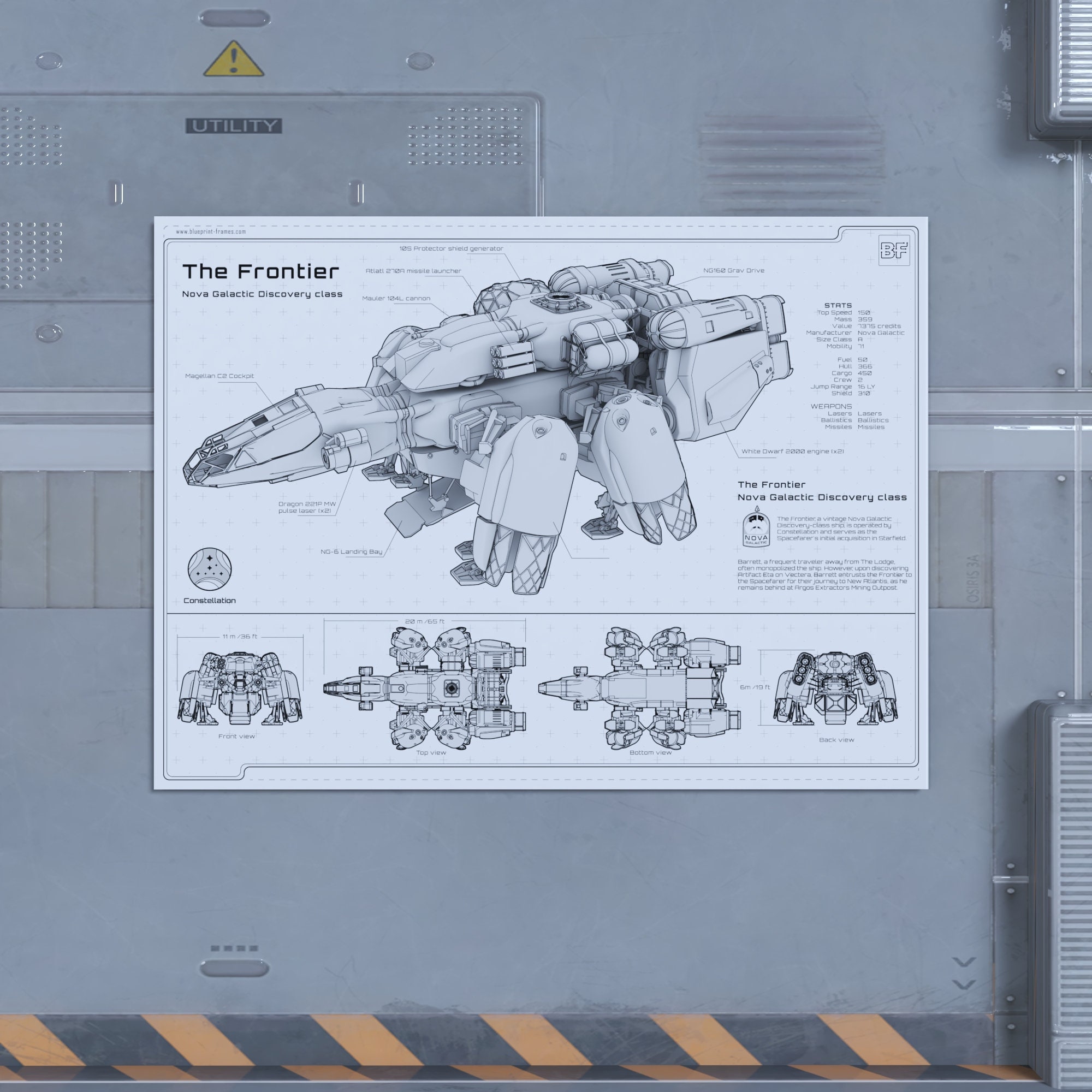 STARFIELD Frontier Starship BLUEPRINT Poster Printed Video Game Wall ...