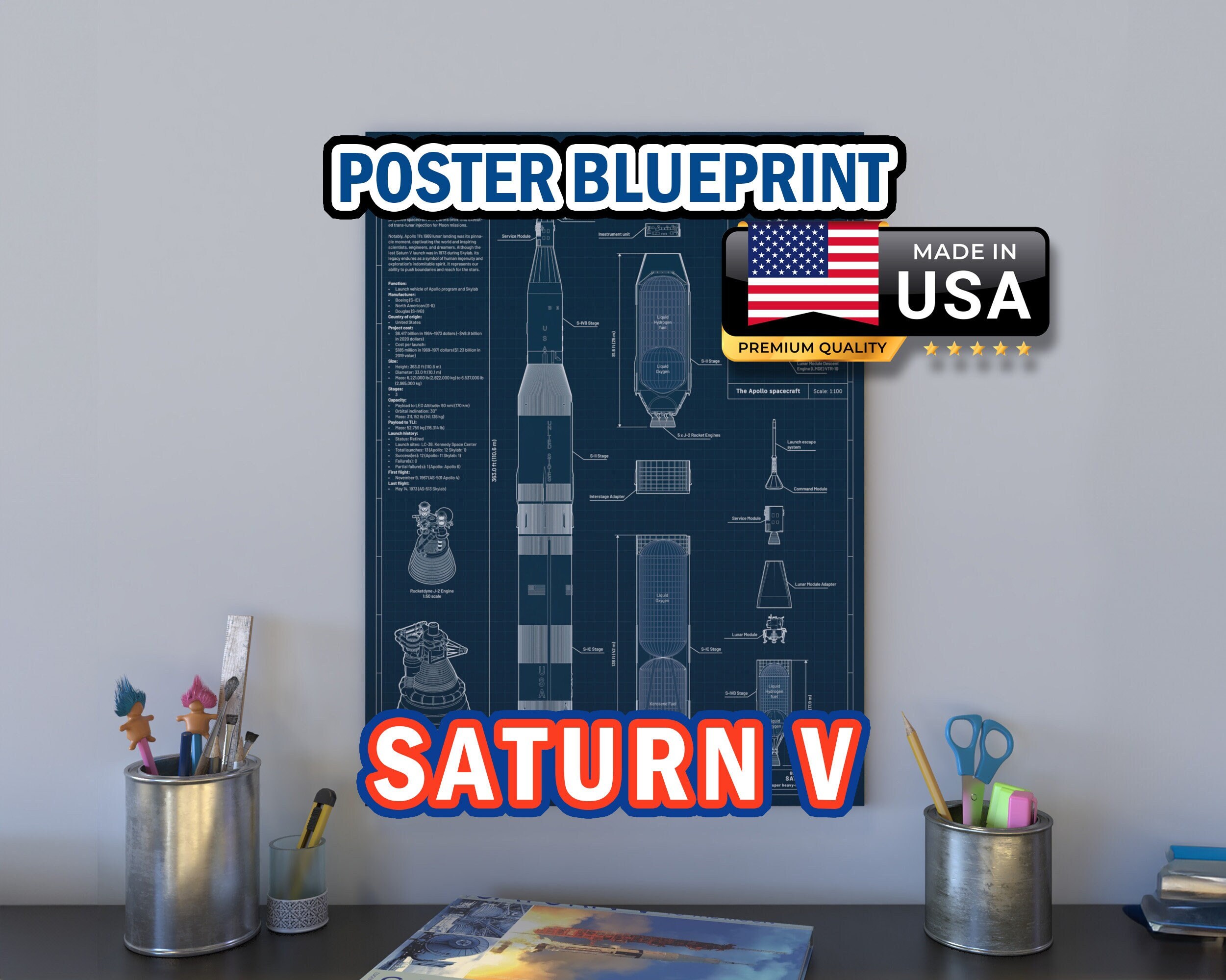 Saturn V Poster Blueprint Moon Rocket High Quality Printed Original ...