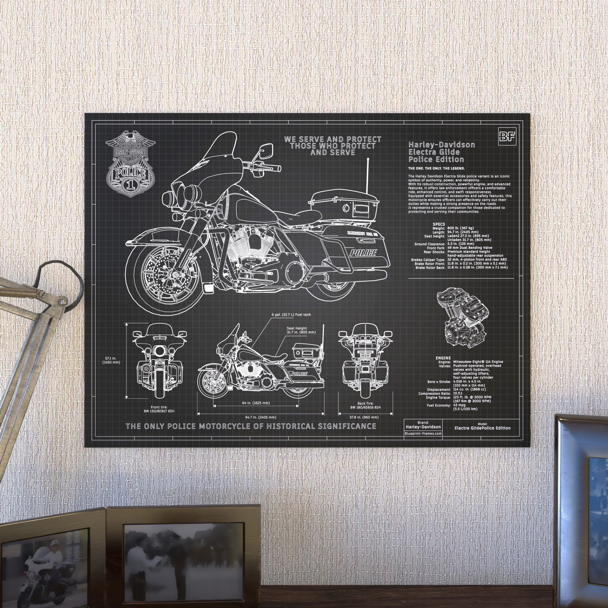 Harley-davidson Electra Glide Police Blueprint Motorcycle Wall Art With ...