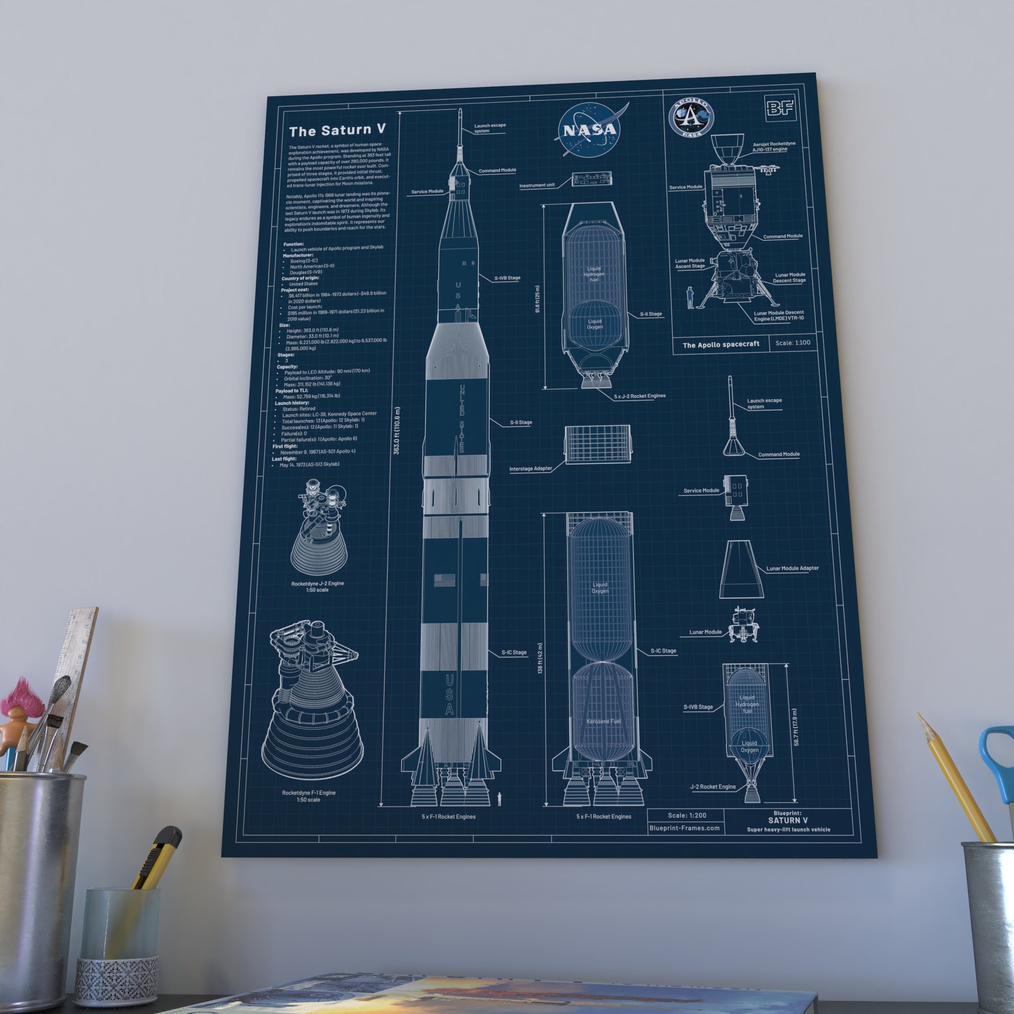 Saturn V Poster Blueprint Moon Rocket High Quality Printed Original ...